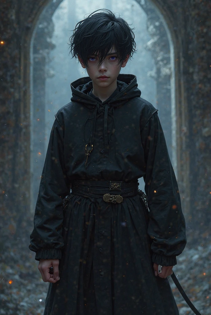 A black haired boy with purple eyes, black comfortable clothing and ...