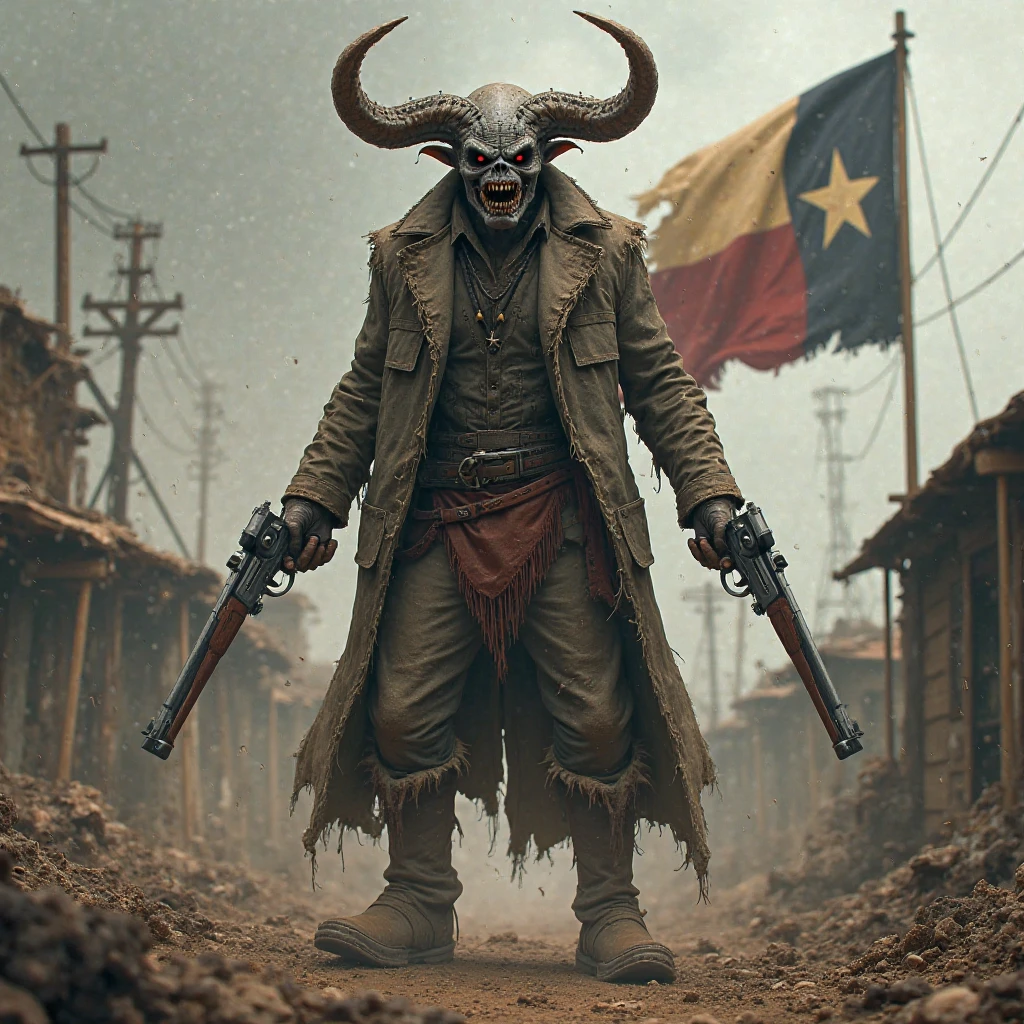 Demon with grey skin in cowboy attire with lever action rifle in his ...