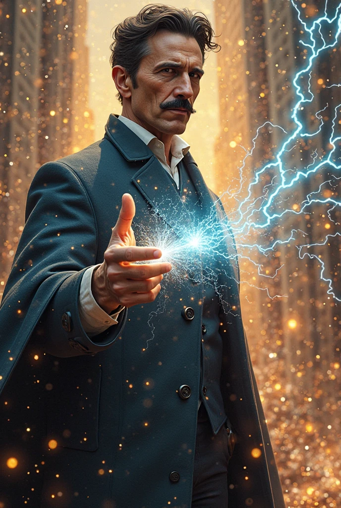 Create an image, Where Nicolas Tesla is in an imposing pose and in his ...