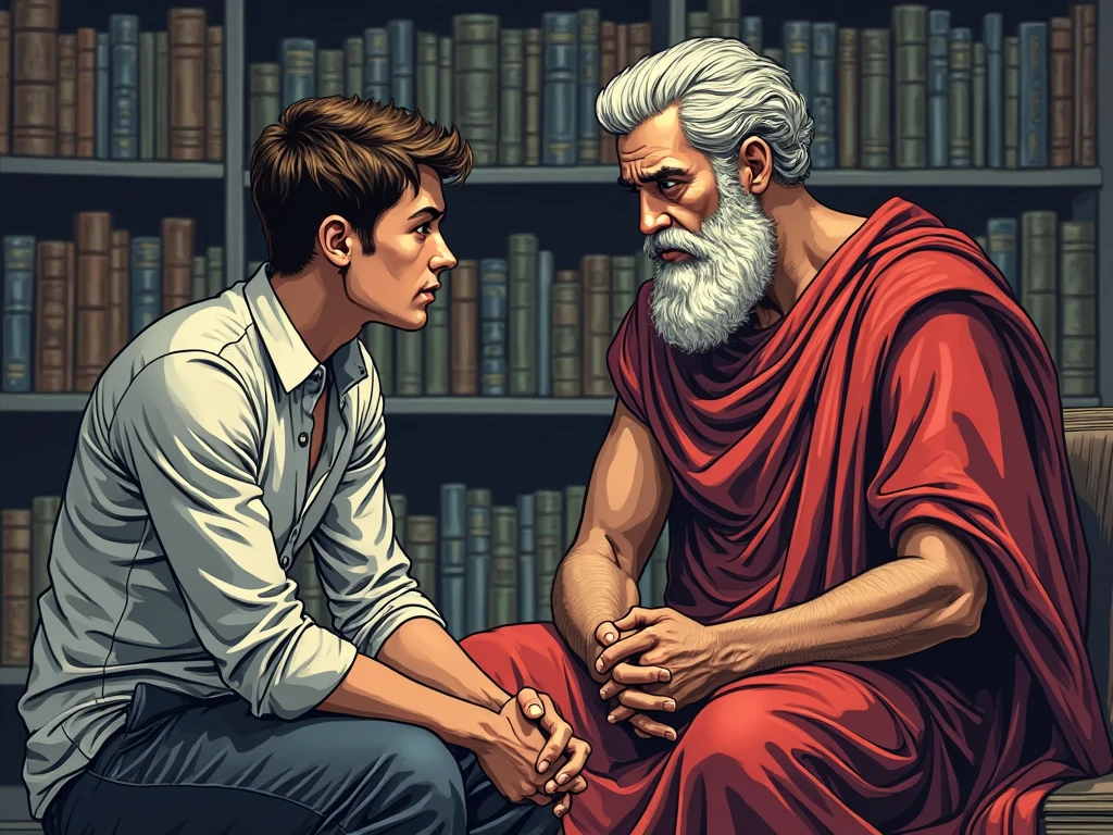 A comic-style vertical scene showing a powerful interaction: a modern ...