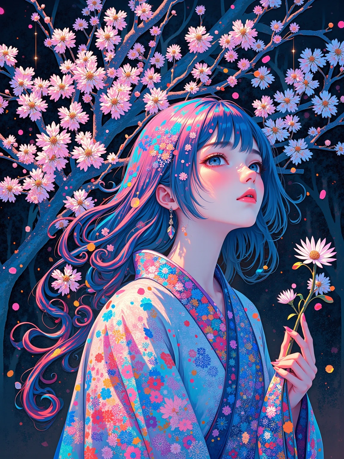 A full-length fantasy girl glows fabulously beautifully, her hair glows ...