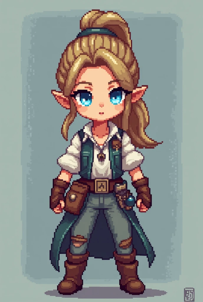 Create a pixel art character of an adventurer. She has light brown hair ...