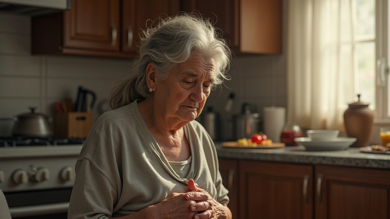 Elderly woman holding her thighs with a slightly uncomfortable ...