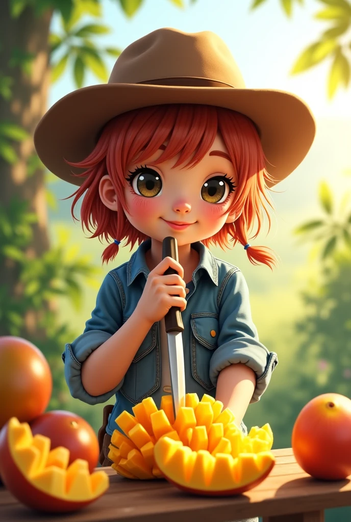 Age girl dressed as a cowboy with a sleeve bottom, Sucking mangoes with ...
