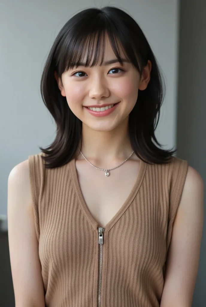 Portrait shooting, taken from an oblique top(((V-neck sleeveless knit with front - SeaArt AI