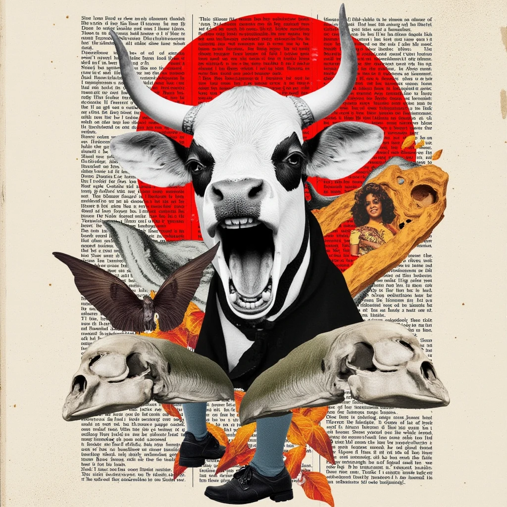 A surrealist and gothic collage, cow face screaming and shows her fangs ...