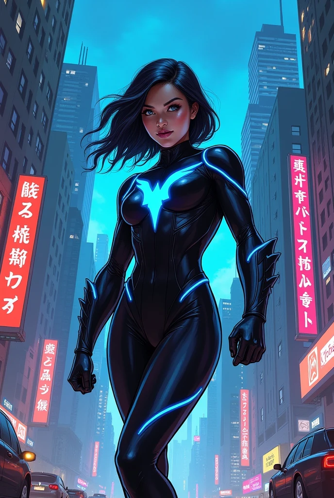 Make me a 19 year old black and blue color scheme original comic book ...