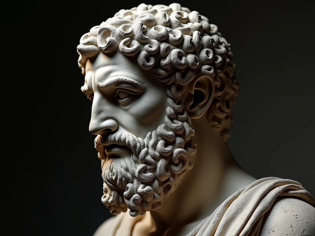 "Create two realistic images of a stone man statue from the Greek era ...