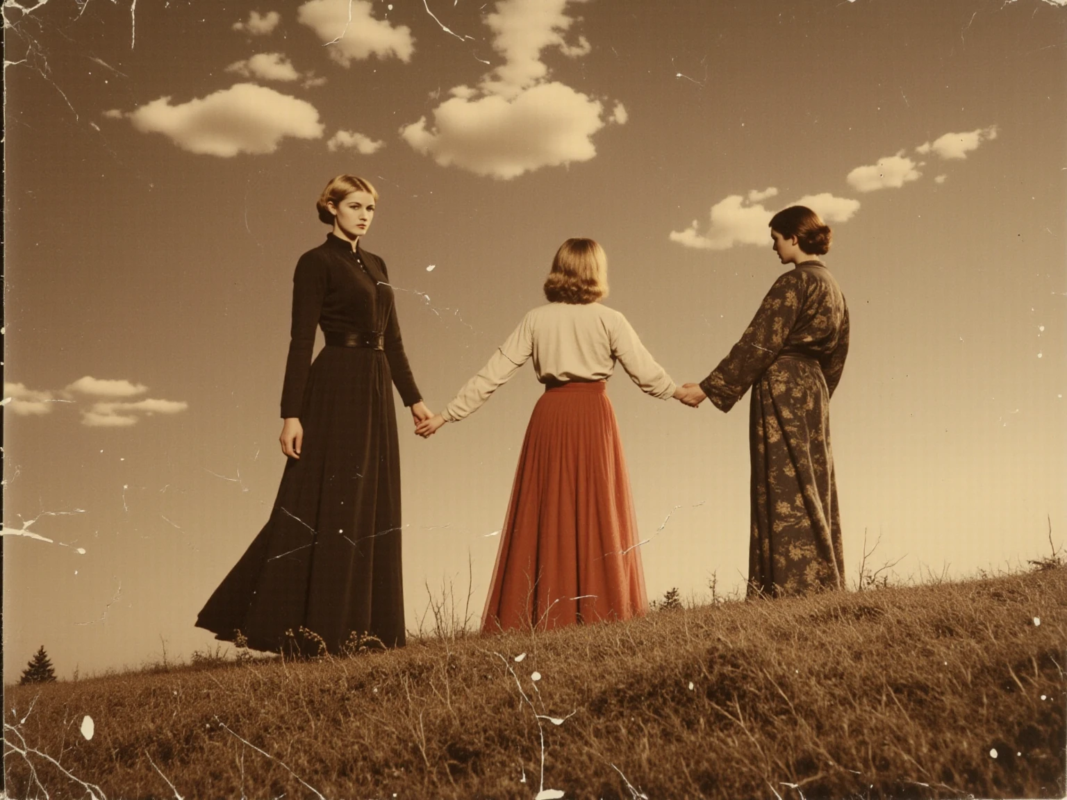 Symbolic scene with Eleonor, Amara and Yuki holding hands in an open ...