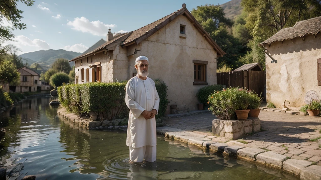"An old wise shepherd man with white beard and white hair, wearing ...