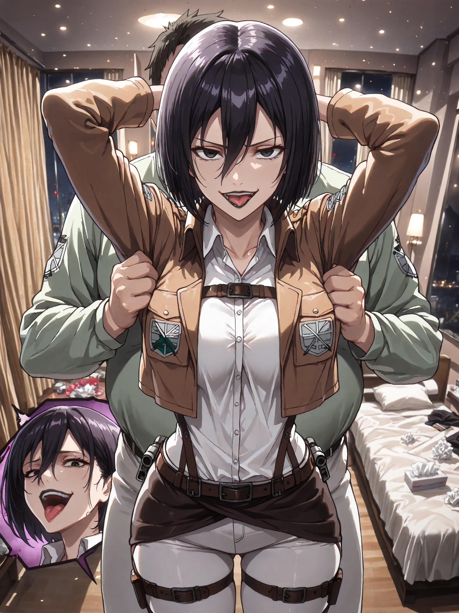 (( Hotel room , Love Hotel,dark room , night, dark purple , messy room - SeaArt AI