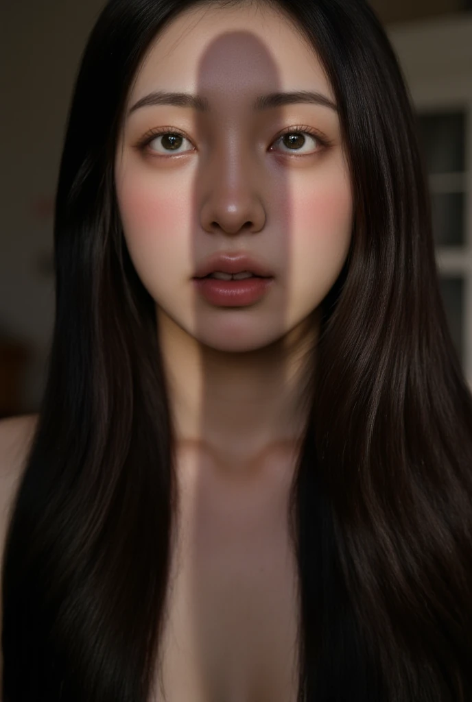 A beautiful girl, kneeling in front of the viewer, huge shadow of a penis over h - SeaArt AI