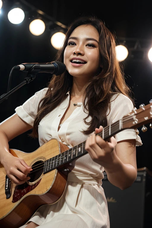 *"A beautiful Indonesian woman resembling Gita Gutawa, playing an acoustic guita - SeaArt AI