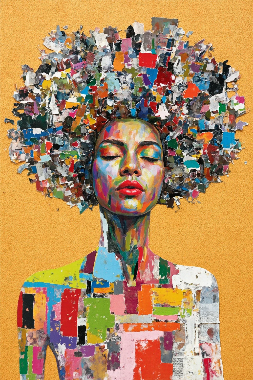 Magazine cutout collage art,bright eyes closed and lips painted bright ...