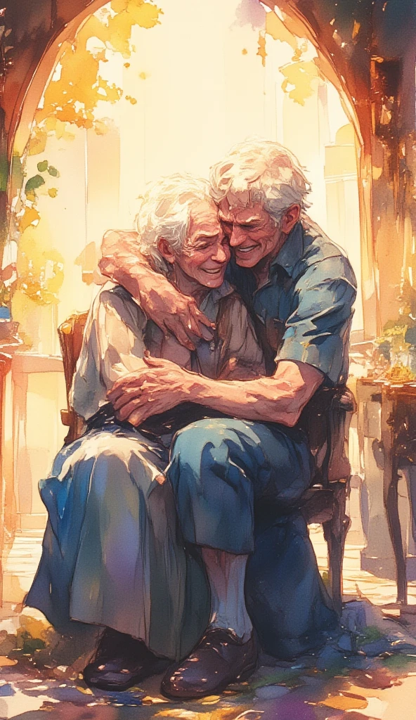 Watercolor painting of a kneeling man crying in the embrace of a very ...