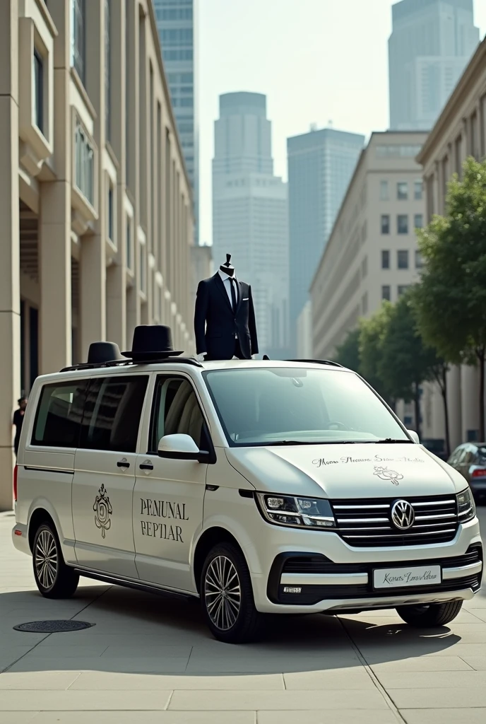 Minivan with the logo of main Renta(clothing rental) dress and tall hat ...