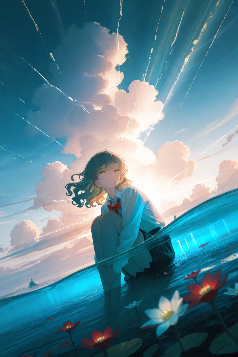 Short wavy hair, wearing a white shirt with a red bow tie, sitting with ...