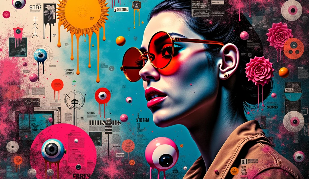 Visualize a vibrant, chaotic collage that brings together fragments of ...