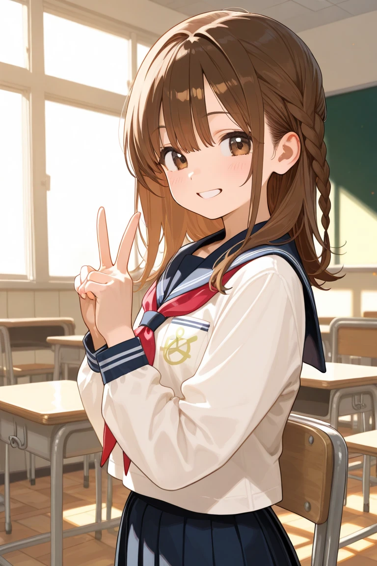 Big smiles, peace sign with both hands,long brown hair,Braided on the ...