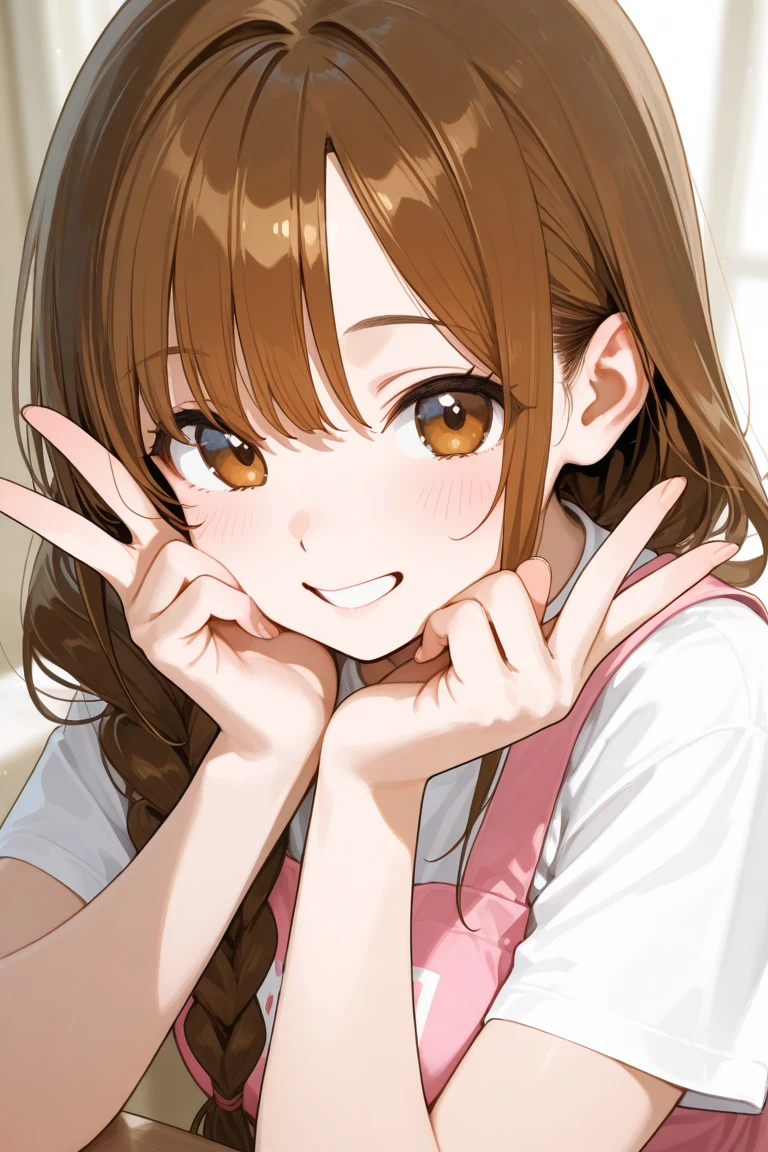 Big smiles, peace sign with both hands,long brown hair,Braided on the ...