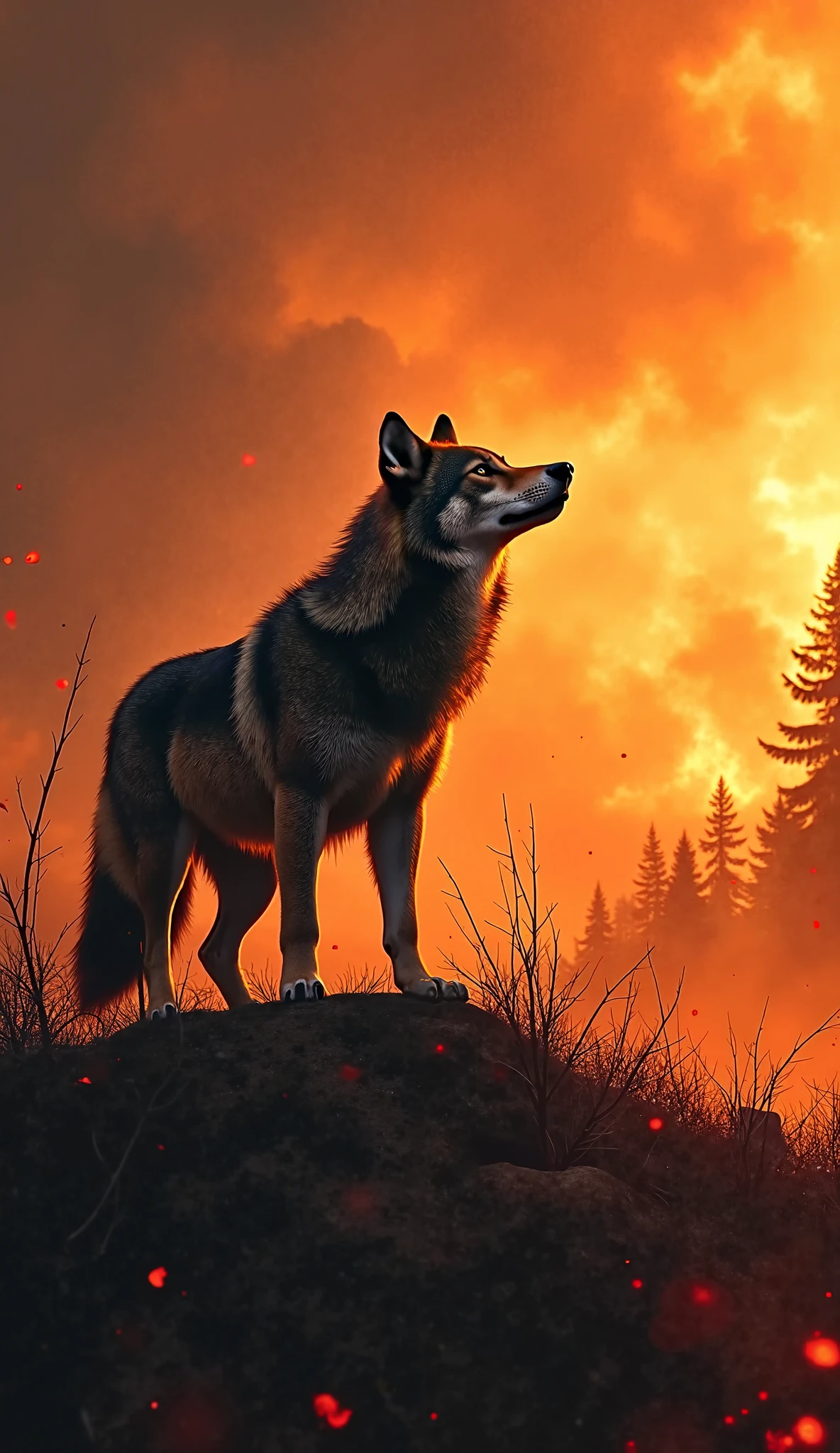 A lone wolf standing on a hilltop, howling towards the sky while its ...