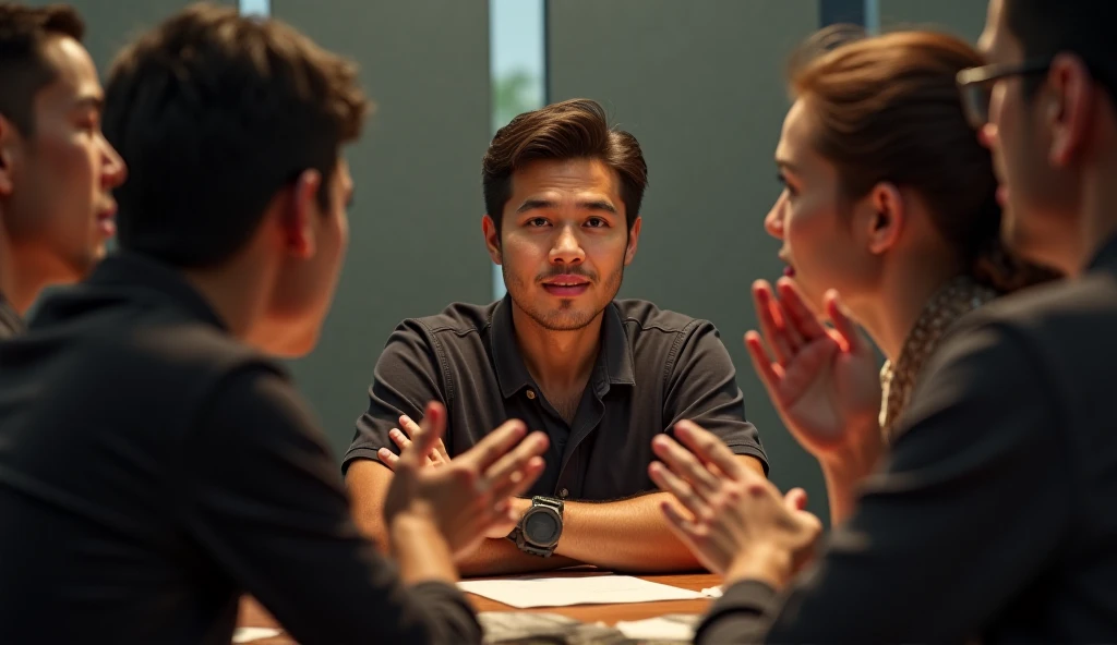 A person sitting calmly in a heated discussion, remaining silent ...