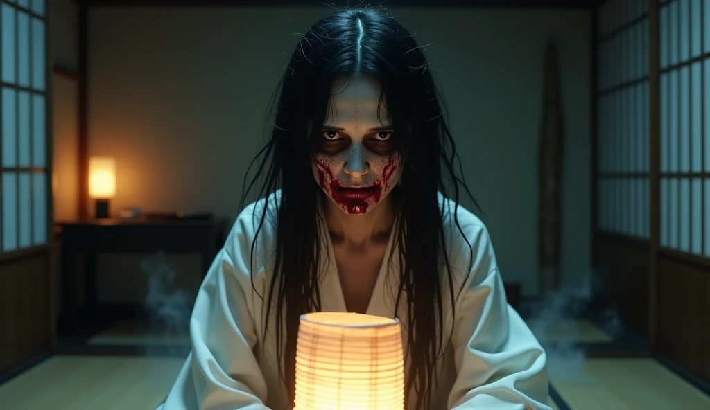 A hyper-realistic, cinematic image of a ghostly woman in a dimly lit ...