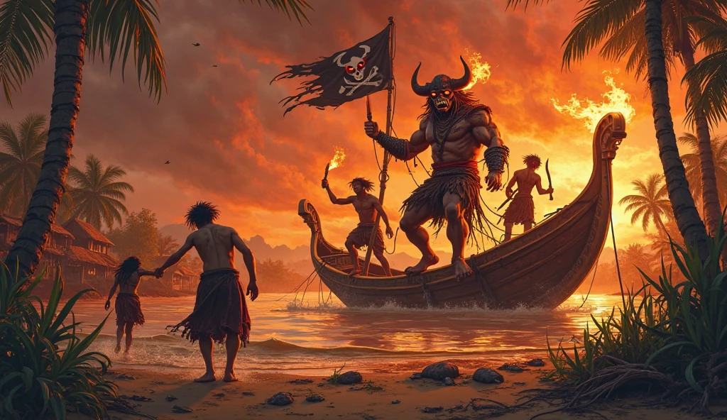 A fearsome Javanese pirate crew storms ashore from a carved jukung ...