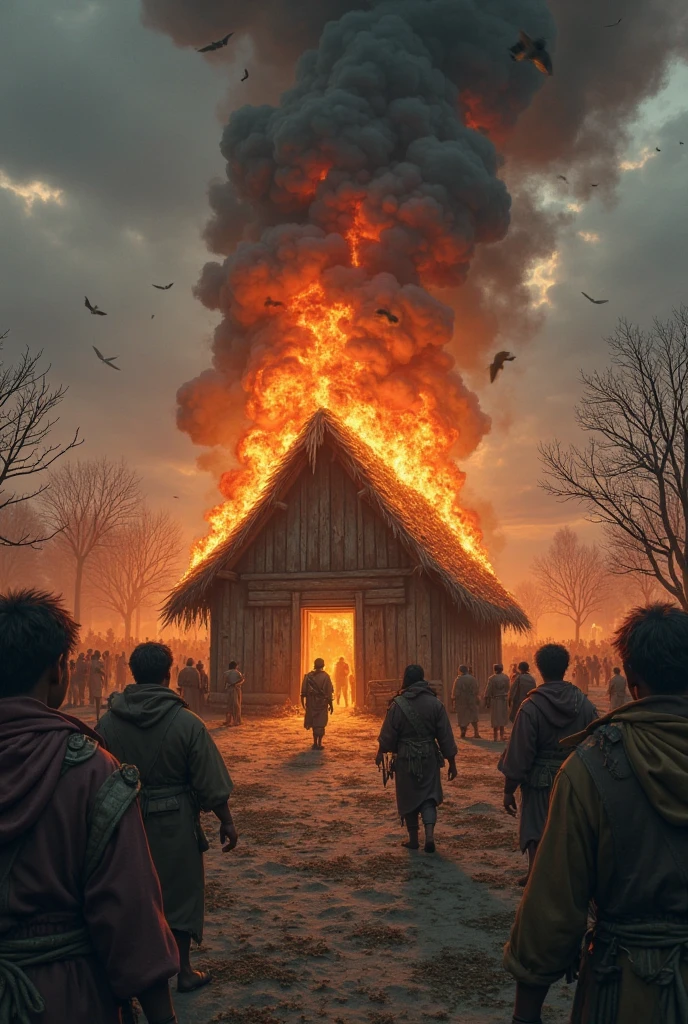 "The hut is now on fire, smoke billowing into the sky, people in the ...