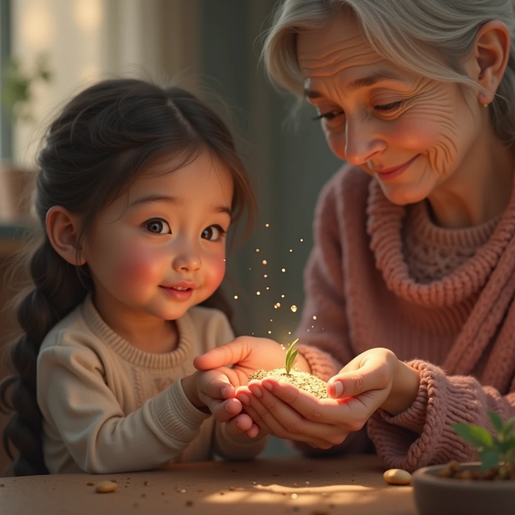 One day, Grandma gave her a tiny, shiny seed. create picture - SeaArt AI