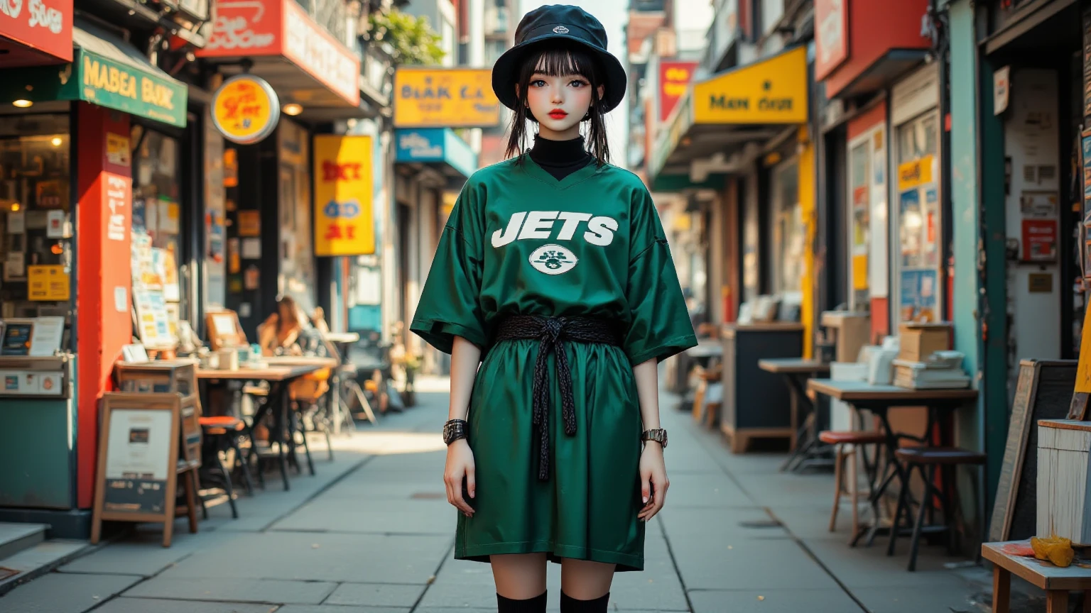 A stylish young woman standing in front of a retro street market in a ...