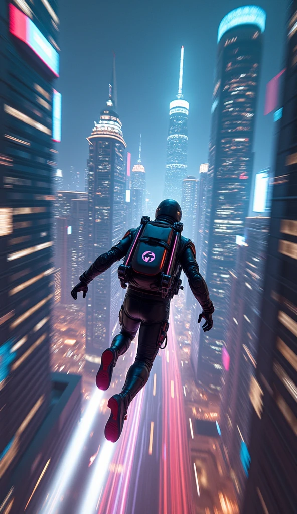 First-person view flying with a jetpack over a futuristic neon city at ...