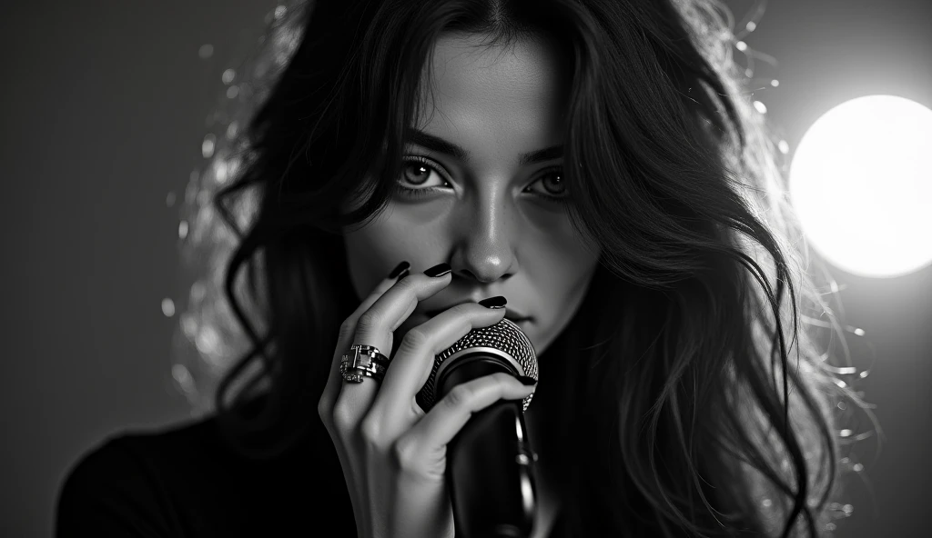 "Monochrome headshot of a female indie singer with long hair - SeaArt AI
