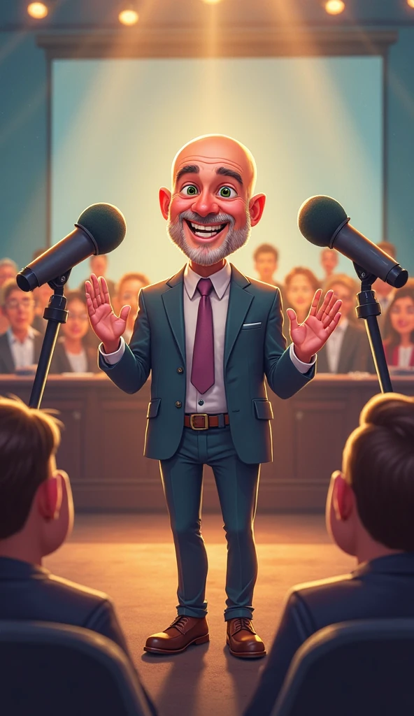 A half bald animated man speaking something in front of many microphone ...