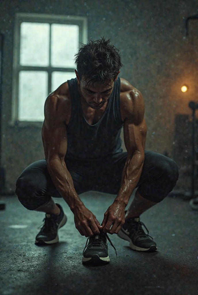 A cinematic, ultra-realistic scene showing a determined man tying his ...