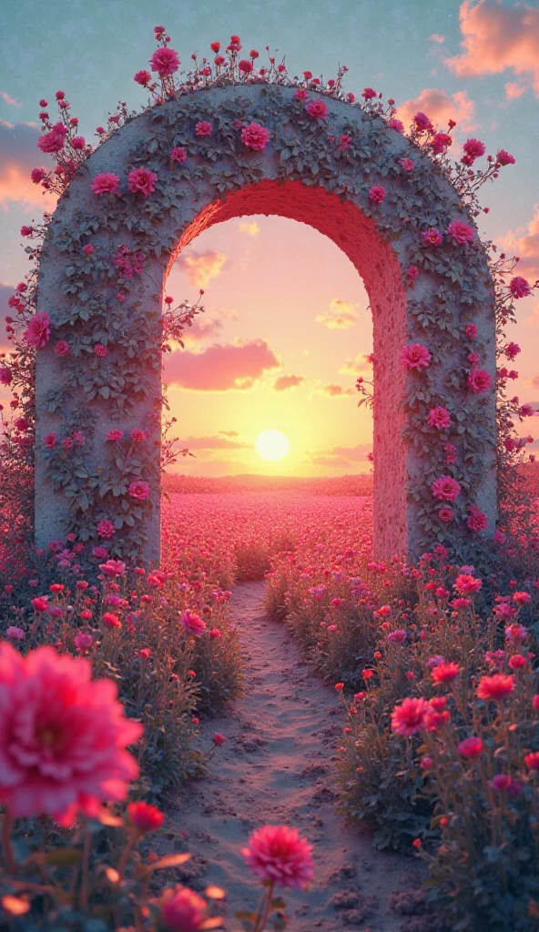 Passage to a flower field with a sunset in the background, portes qui ...