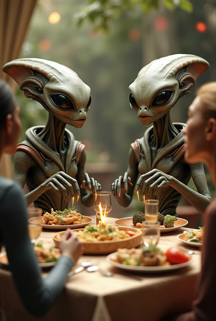 Create an image with a meal where two aliens are sitting with us ...