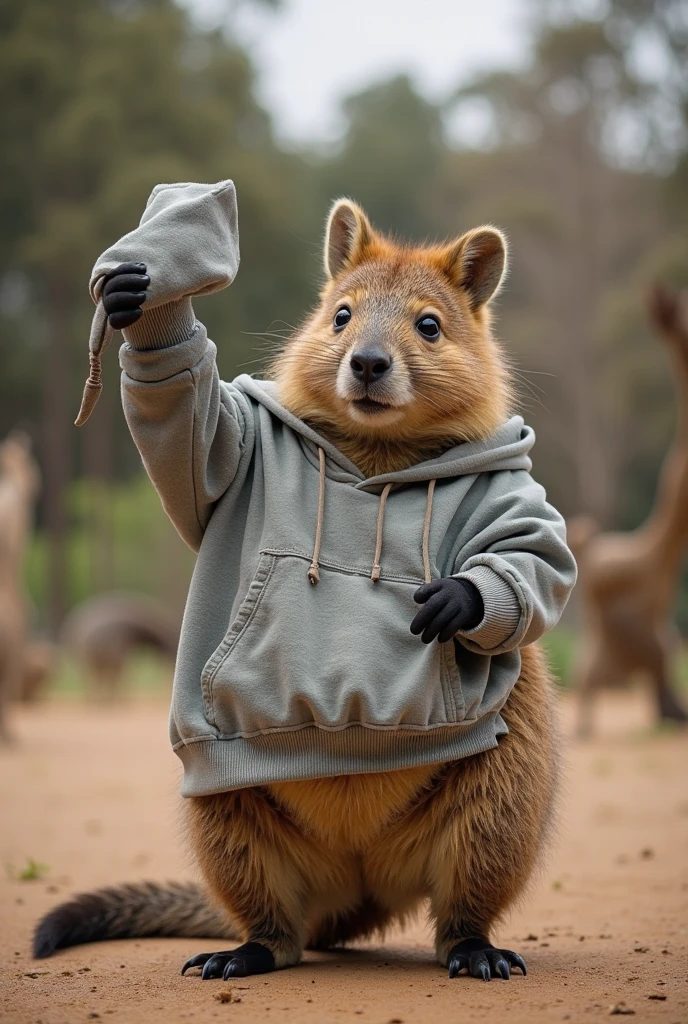 "A realistic photo of a bloated-bellied quokka standing in an empty zoo ...