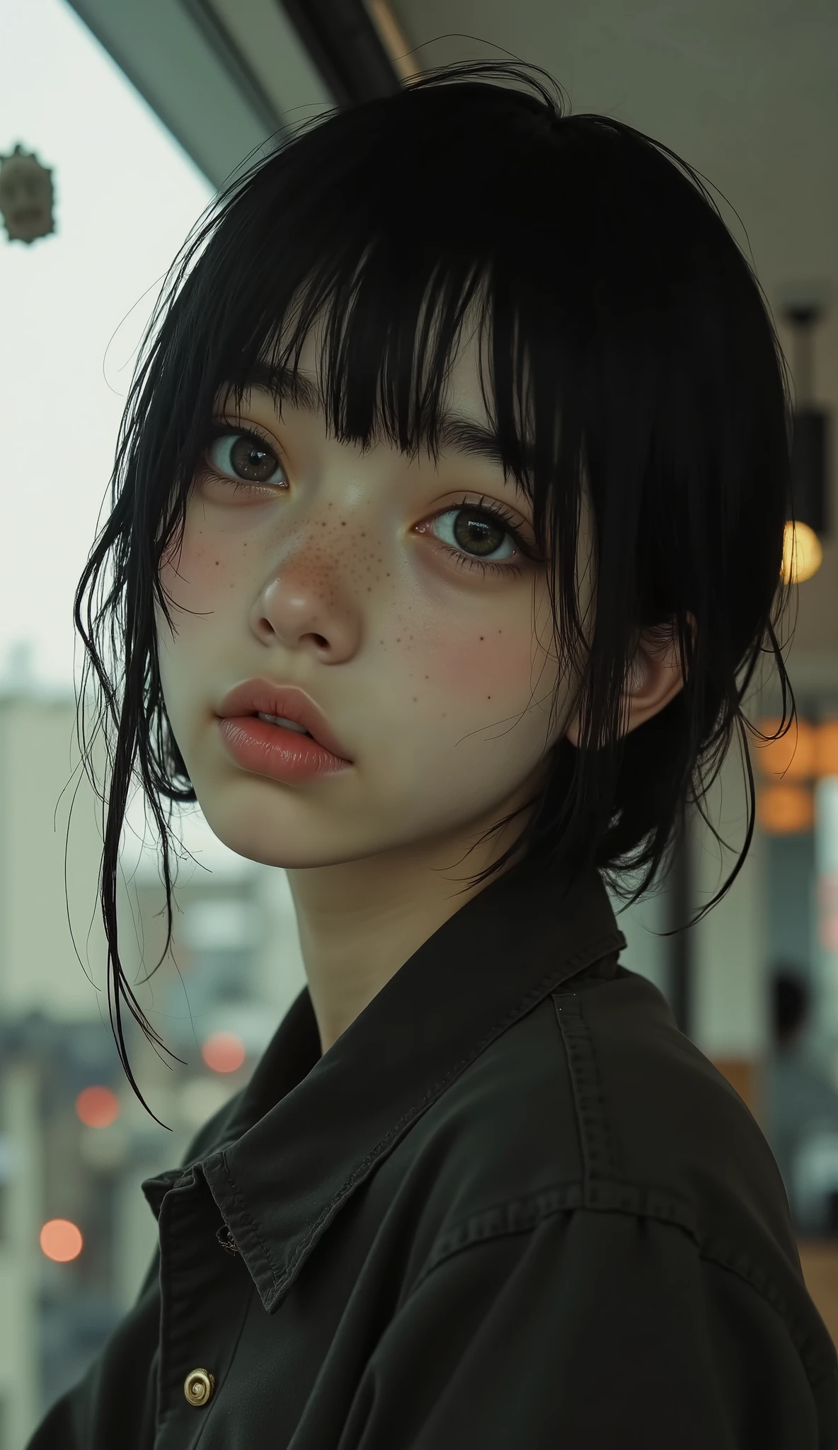 Short disheveled black hair, , indoor soft lighting, Subtle Shadows ...