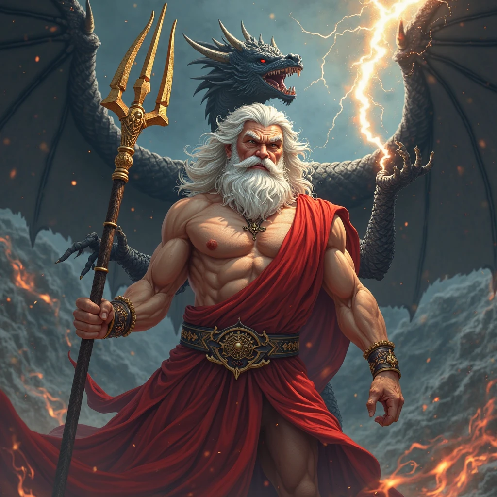Angry arrogant Zeus character in red robe strikes lightning from ...