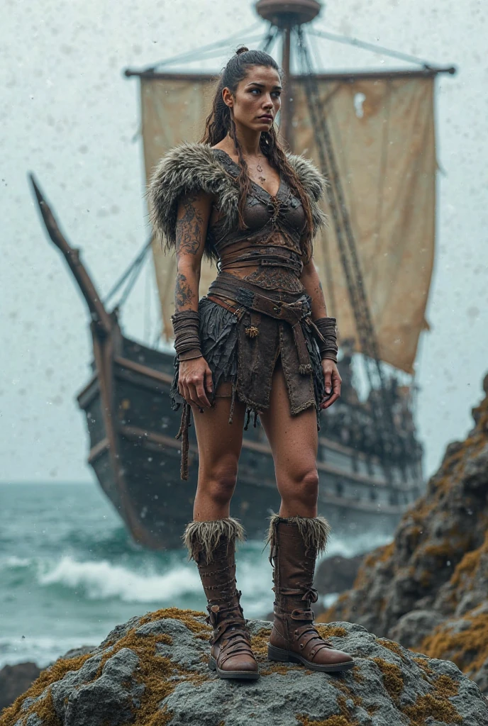 A Viking woman in short clothes stands on a large rock with a sharp ...