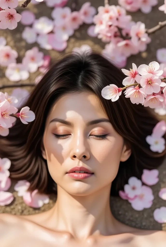 Close up of a beautiful woman's face lying on the ground covered with ...