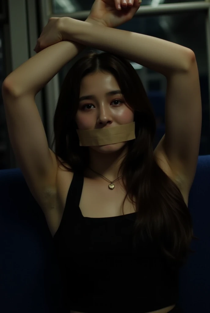 A beautiful woman is sitting in a train, wearing a fitted black baniyan ...