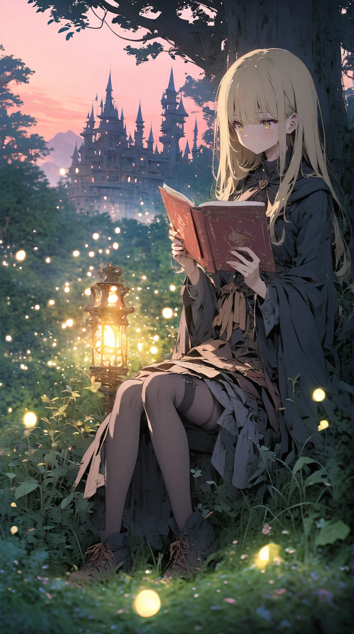 Blond hair, witch outfit, reading a book in the forest, sheer stockings ...