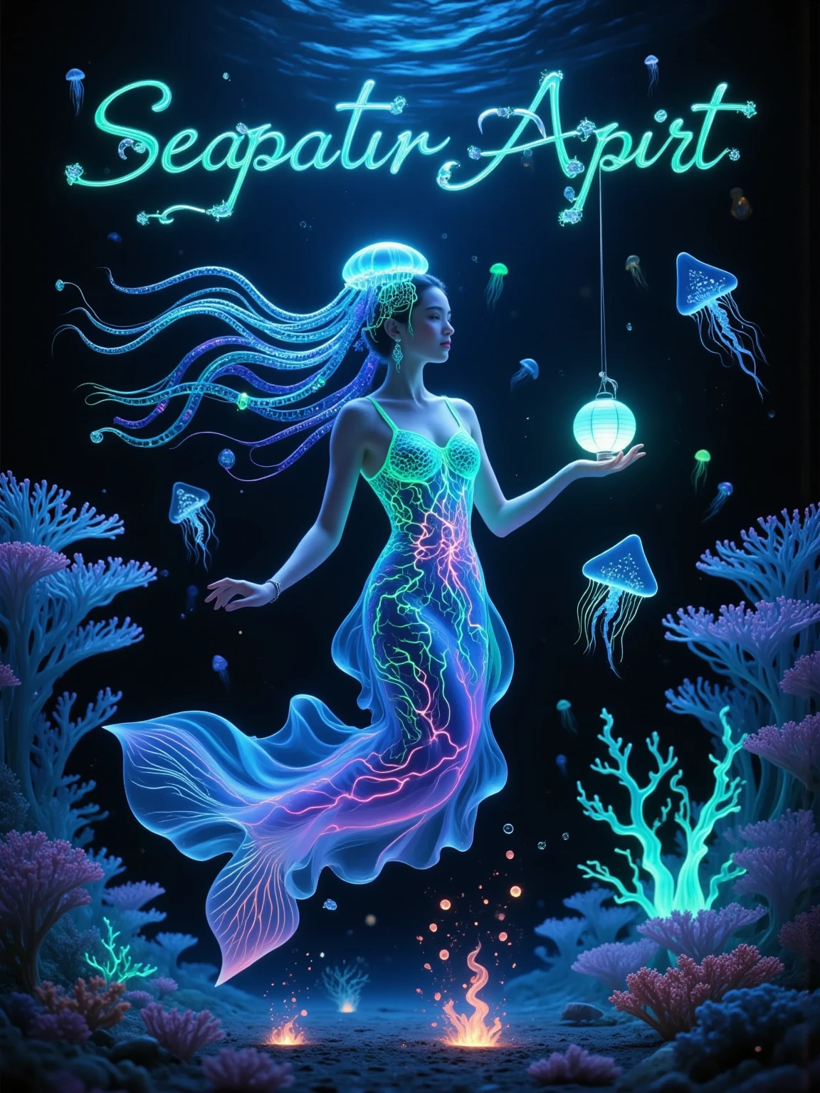 Light and shadow art poster，The mermaid priest is suspended in the ...