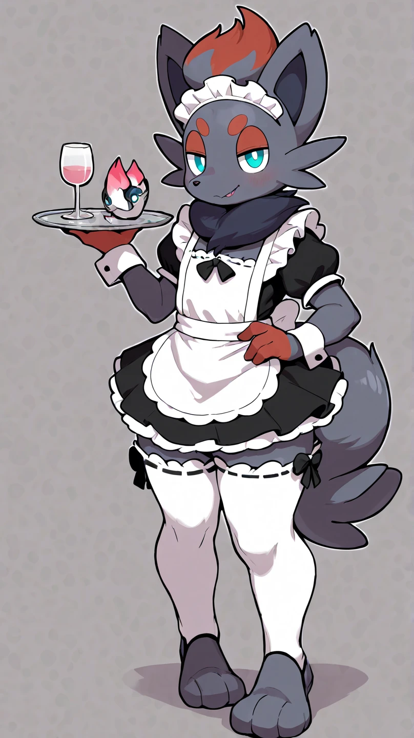Anthro zorua (from pokemon), male, femboy, wearing a maid outfit ...