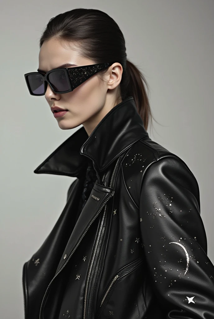 Model wears glass sunglasses, leather jacket with stars and moon ...
