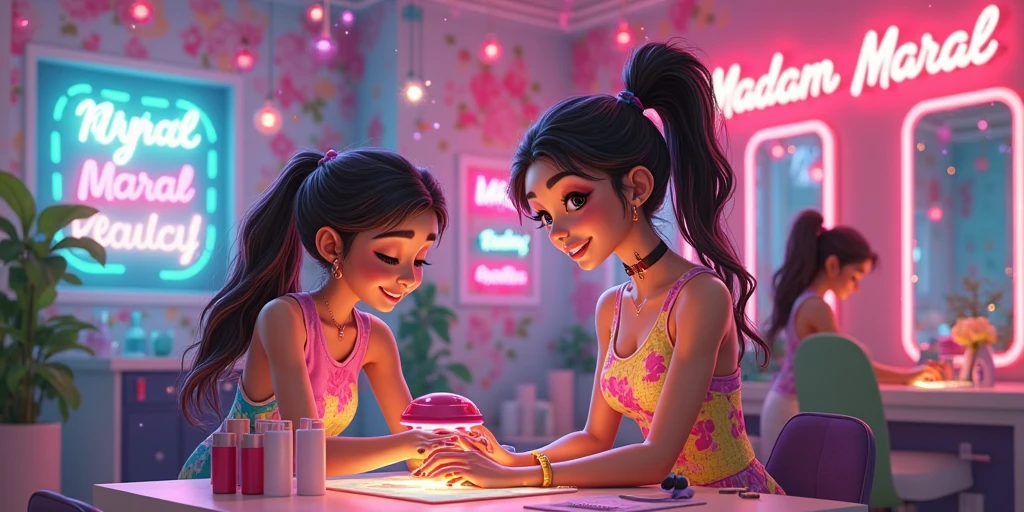 A realistic character resembling an animated style, a nail technician ...