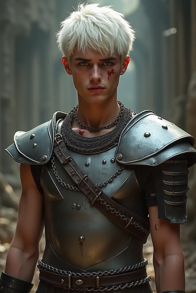 Tall young man, warrior, chest necklace, white-haired, steel shoulder ...