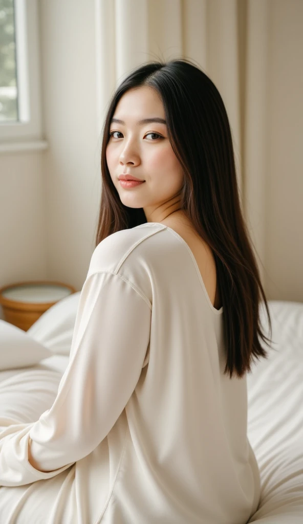 A woman wearing only a light button-down shirt — slightly unbuttoned ...